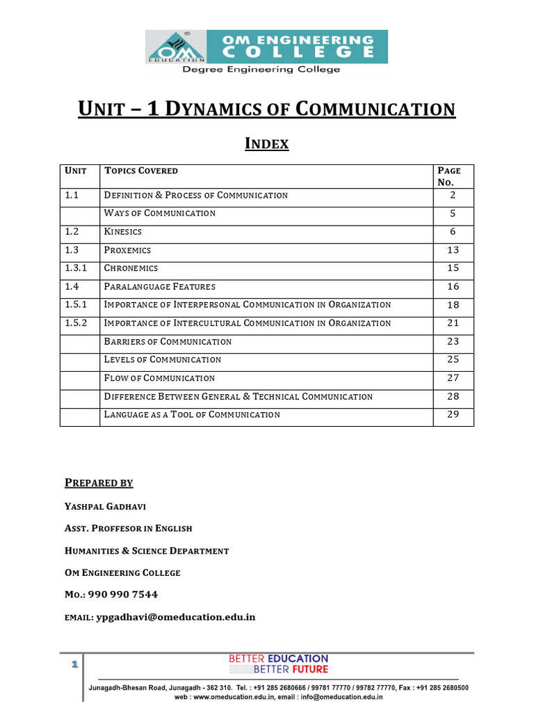 UNIT - 1 Dynamis of Communication-1 | PDF | Communication | Nonverbal Communication