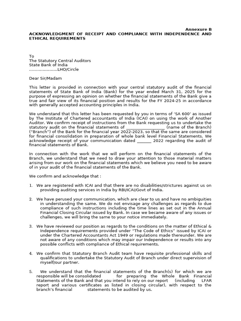 Annexure B SBA Communication Format | PDF | Audit | Financial Services