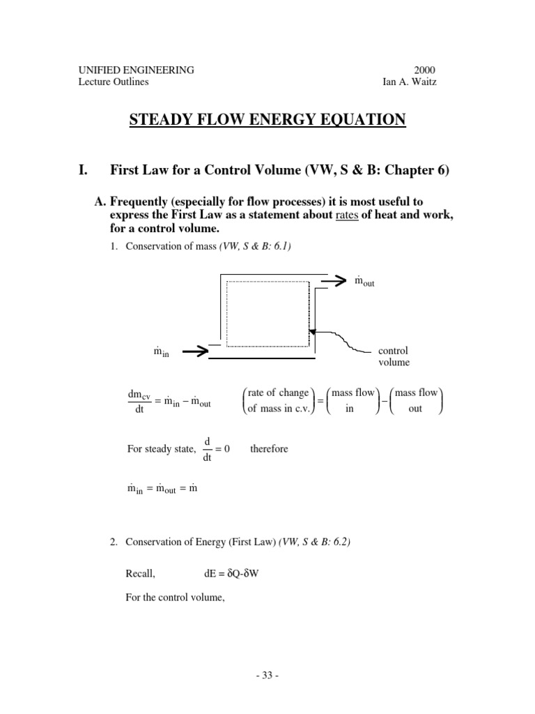 Steady Flow Energy Equation: I. First Law For A Control Volume (VW, S & B: Chapter 6) | PDF ...