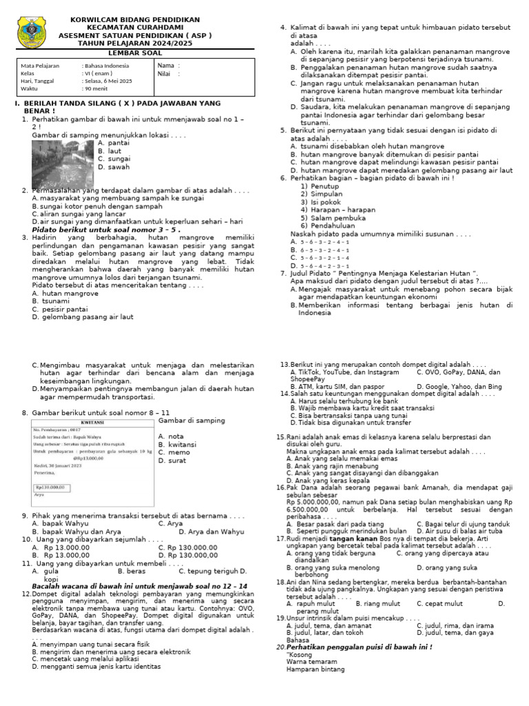 Soal Asp Bahasa Indonesia KLS 6 2024-2025 | PDF