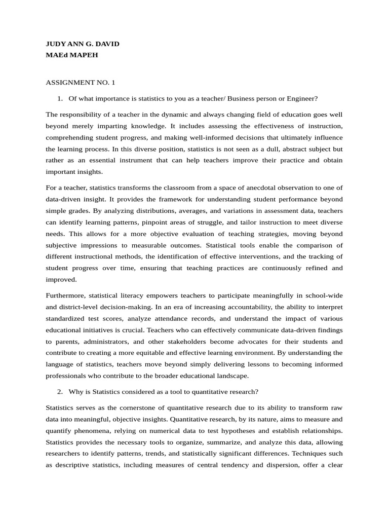 ASSIGNMENT NO.1 JUDY ANN DAVID MAEd MAPEH | PDF | Statistics ...
