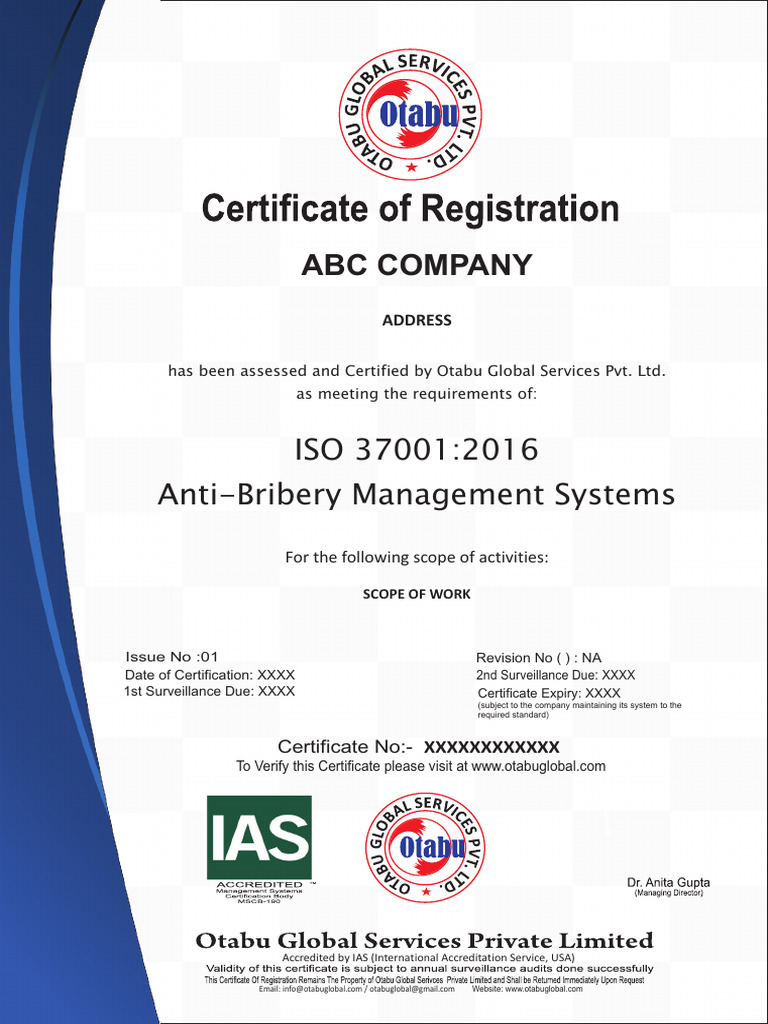 Example Certificate ISO 37001 | PDF