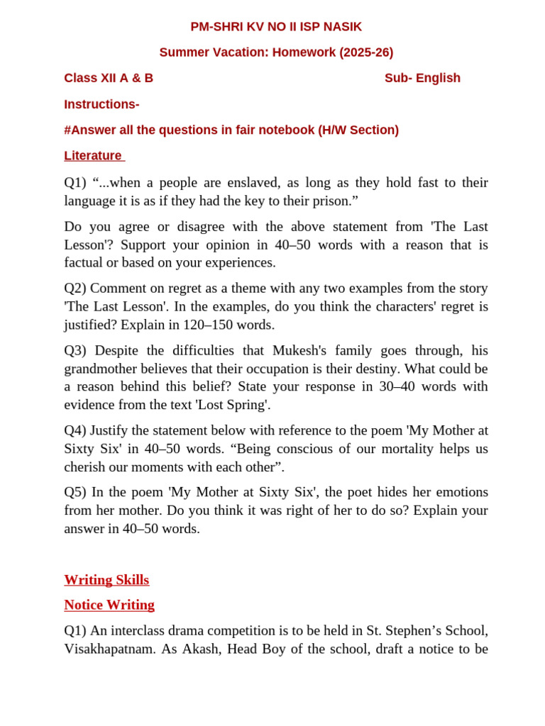 Holiday Assignment-XII English | PDF