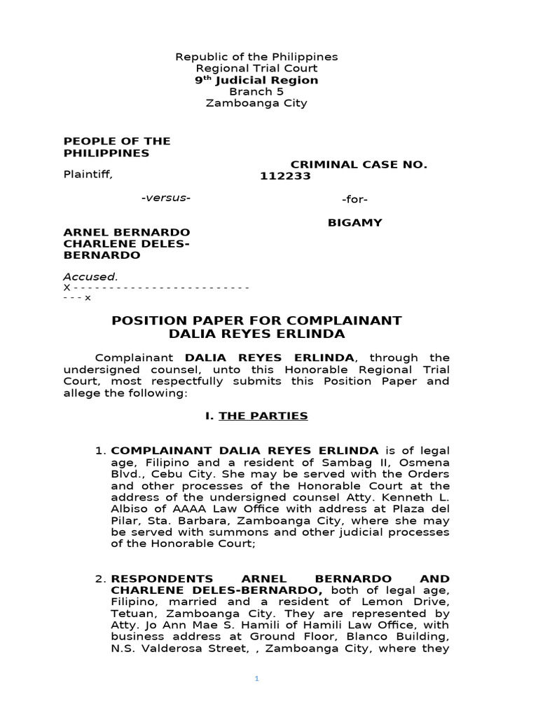 Prosecution Position Paper - sample paper | PDF | Annulment | Marriage