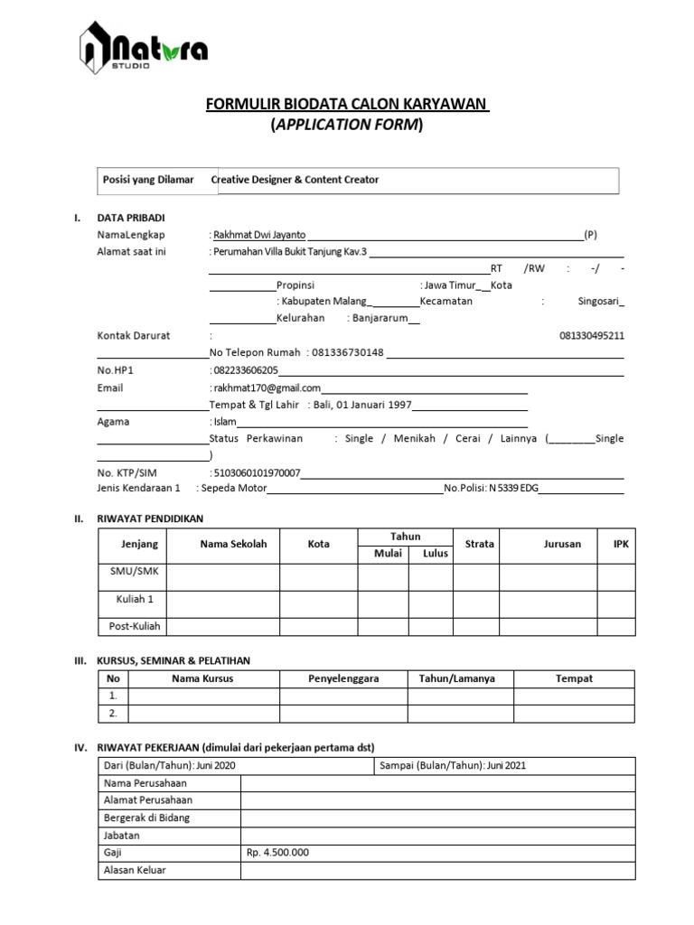 Form Biodata Calon Karyawan | PDF