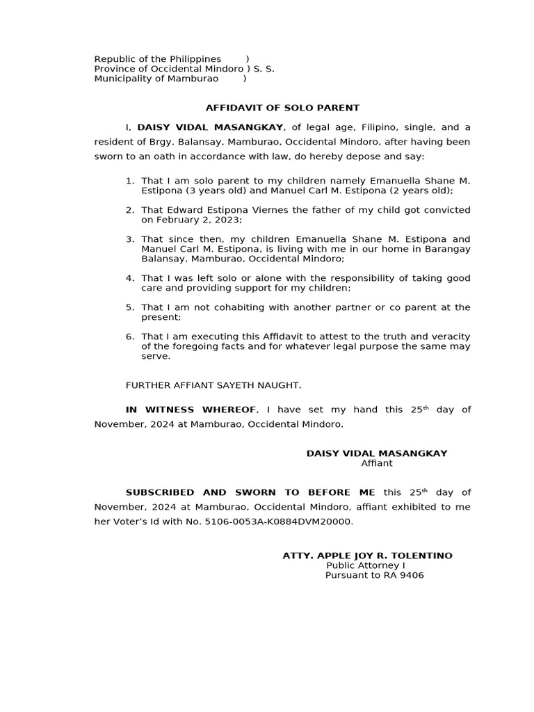 Affidavit of Solo Parent Unmarried | PDF