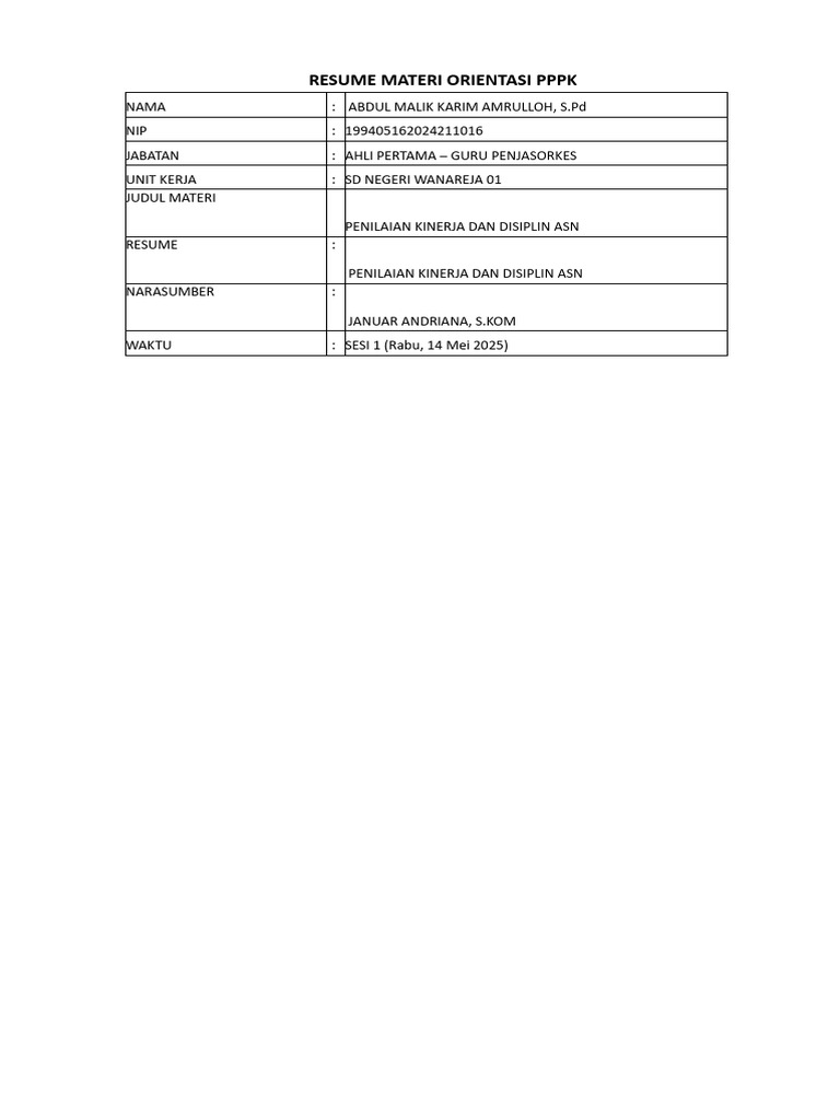 Resume Penilaian Kinerja Dan Disiplin Asn - Abdul Malik Karim Amrulloh - SDN Wanareja 01 | PDF