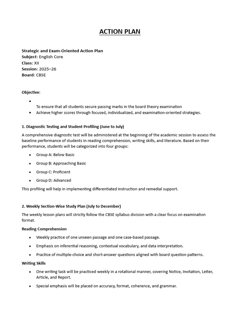 Action Plan 2025-26 Class Xii-1 | PDF | Reading Comprehension | Learning