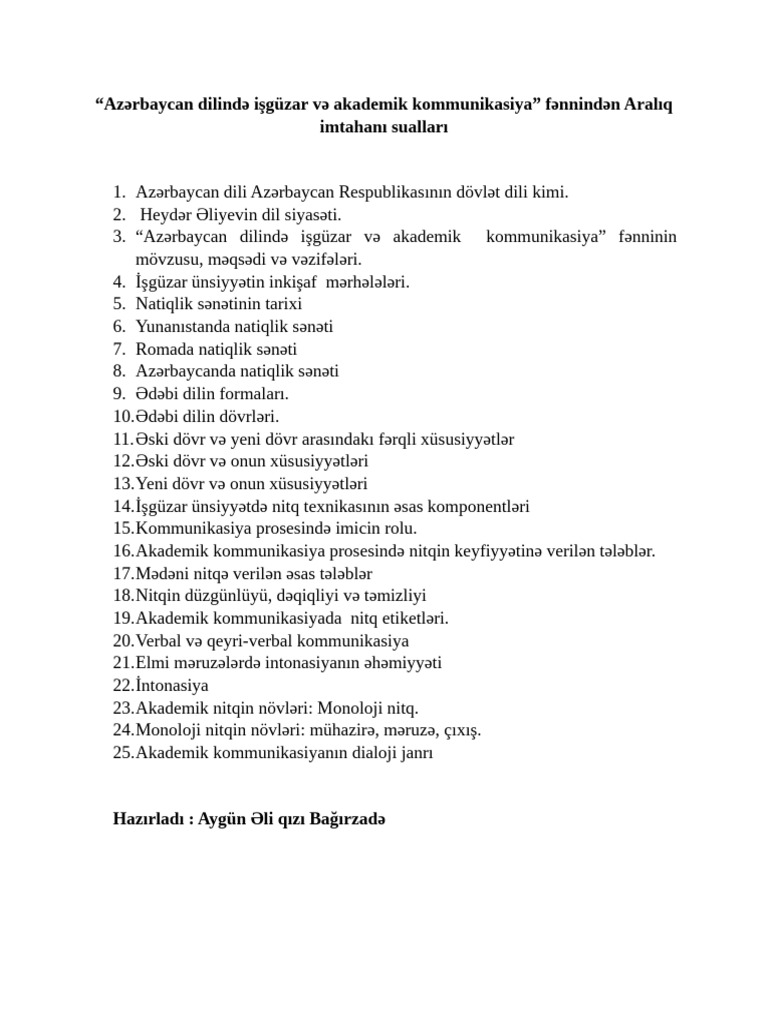 aralıq imtahanı suallar | PDF