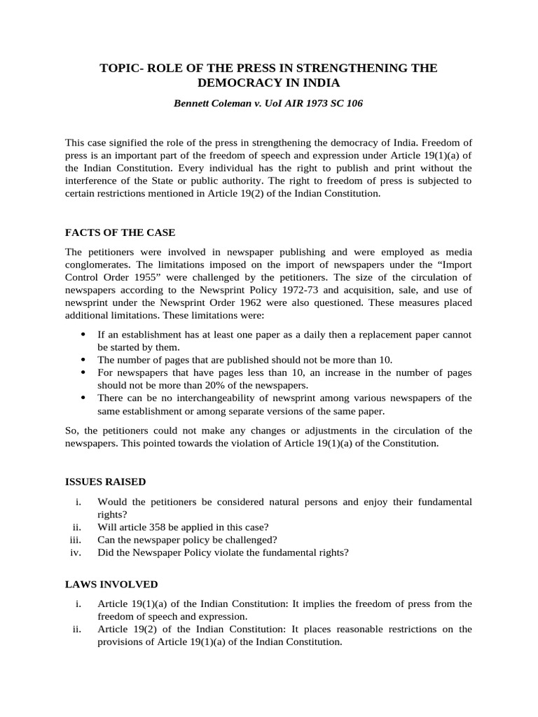 Bennett Coleman Case: Press Freedom in India | PDF | Rights | Legal ...