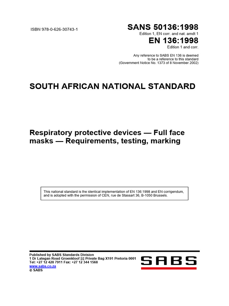 SANS 50136:1998 Full Face Masks Standard | PDF | Thermocouple | Equipment
