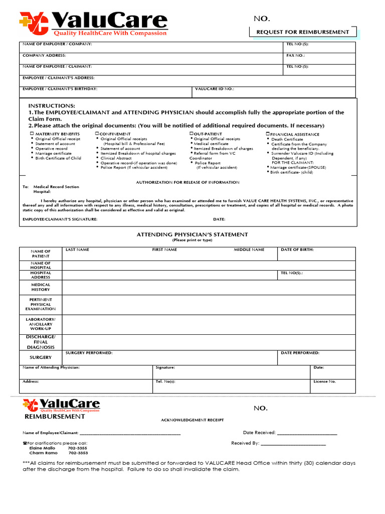 Valucare Reimbursement Form | PDF | Medical Record | Hospital