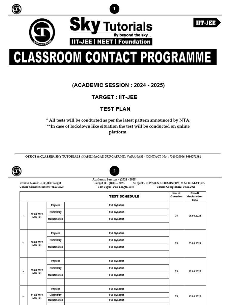 Revised Test Plan IIT Target 2024 25 | PDF | Educational Assessment And ...