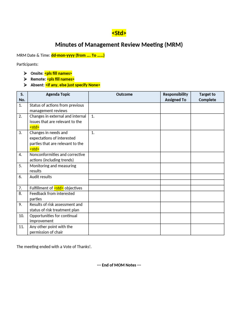 Minutes of Management Review Meeting (MRM) : Dd-Mon-Yyyy (From . To ) | PDF