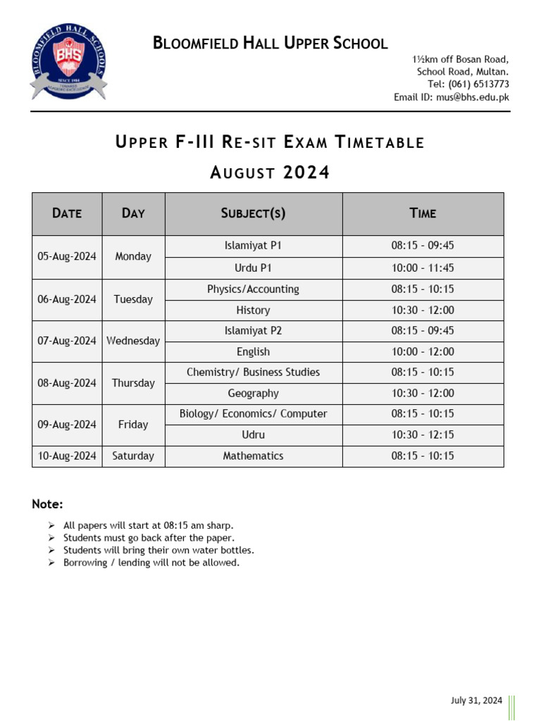 Upper F-III Timetable - Resit Examination - August 2024 | PDF