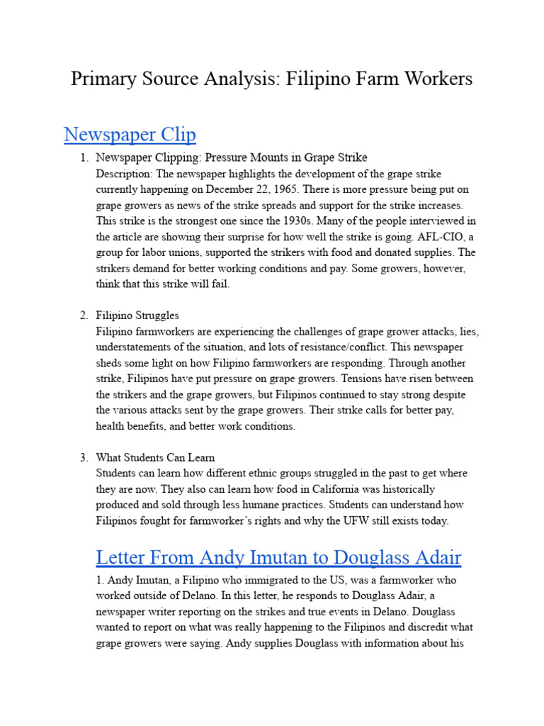 Primary Source Analysis - Filipino Farm Workers | PDF | United Farm ...