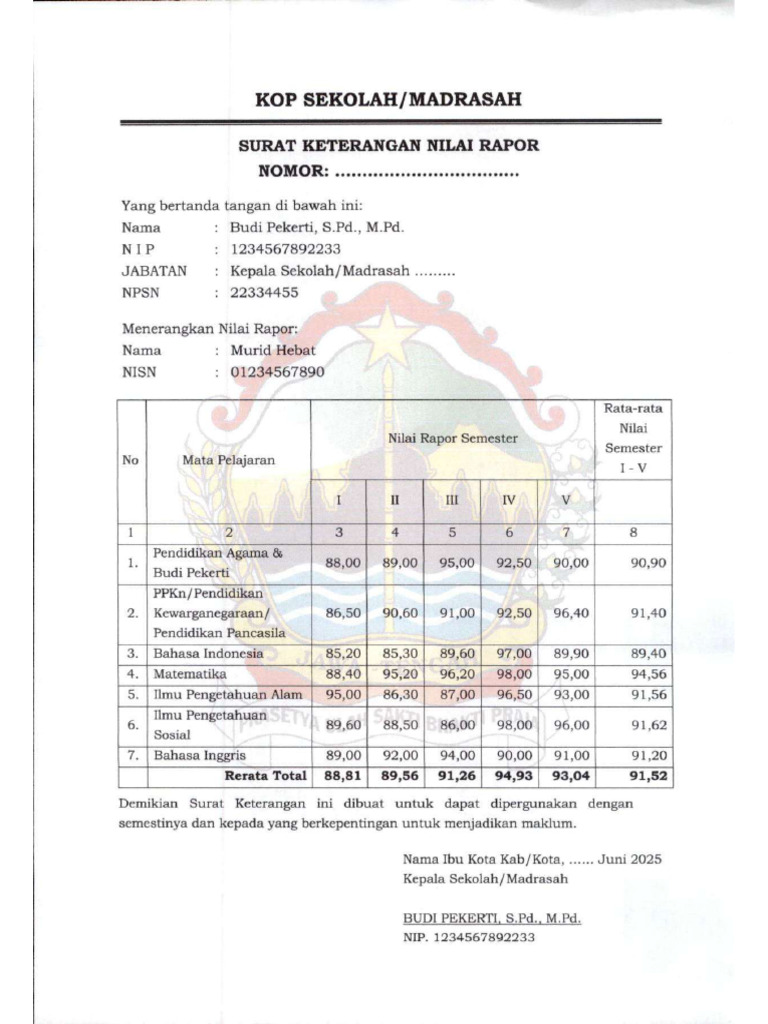 Surat Keterangan Nilai Raport Sem 1-5 | PDF