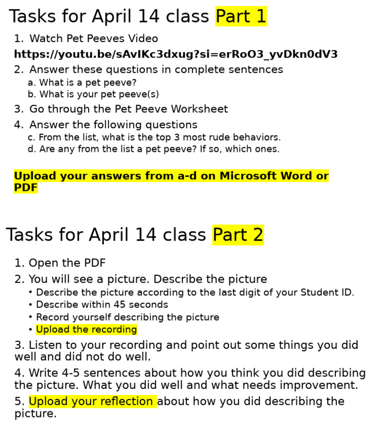 April 14 Class Tasks Overview | PDF