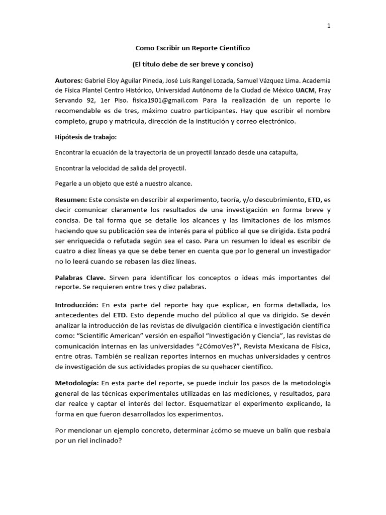Como Escribir Un Reporte Científico1 | PDF | Experimentar | Hipótesis