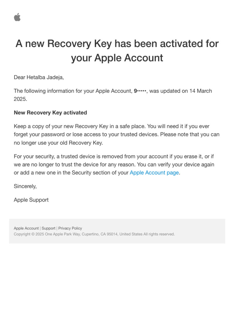 New Apple Account Recovery Key Activated | PDF