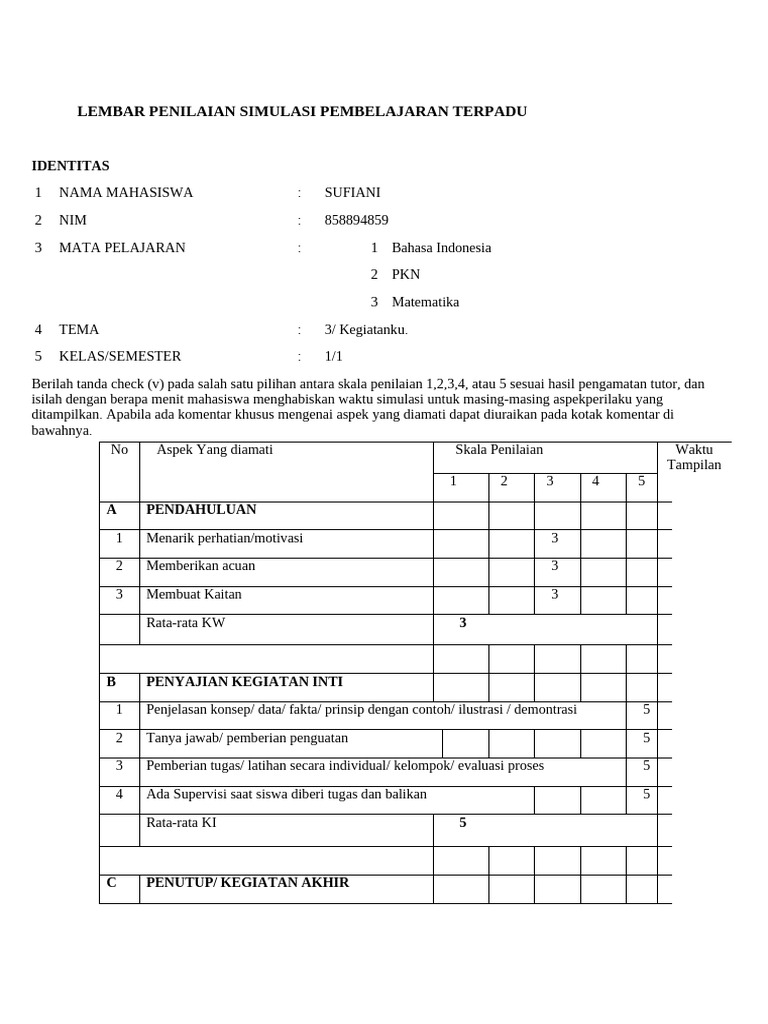 Lembar Penilaian Simulasi Pembelajaran Terpadu | PDF
