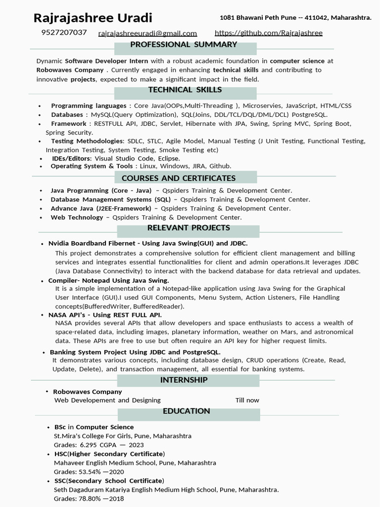 Rajrajashree Uradi Resume | PDF | Databases | Java (Programming Language)