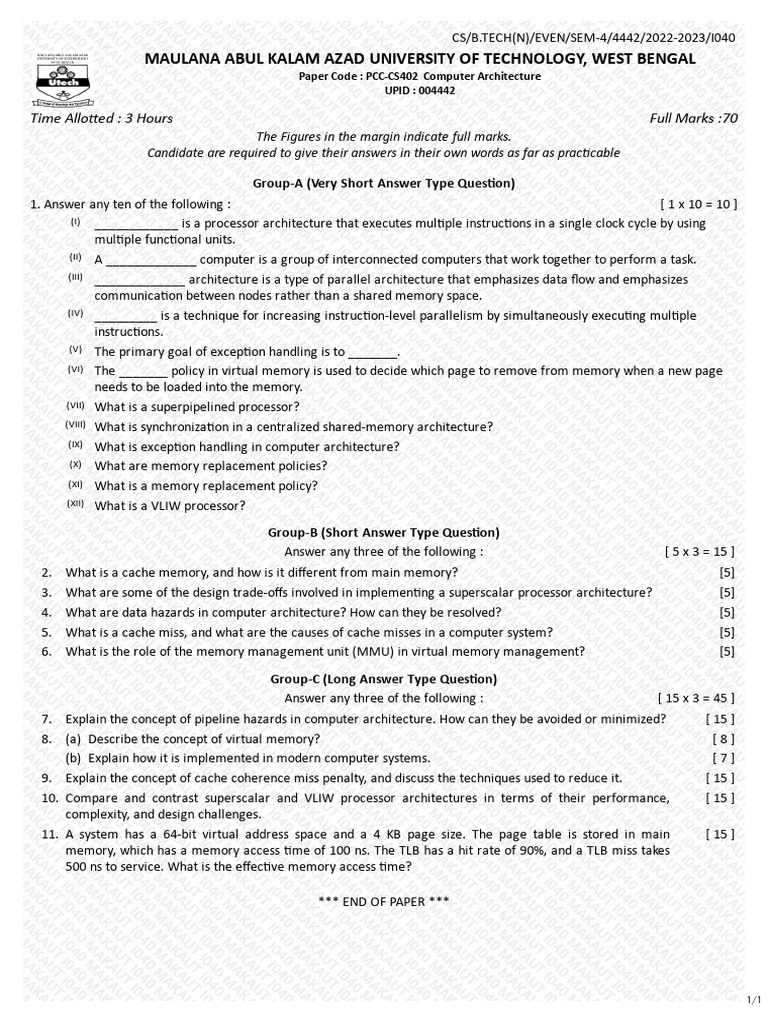 Computer Architecture - (PCC-CS402) - 4442 - I040 | PDF | Cpu Cache | Central Processing Unit