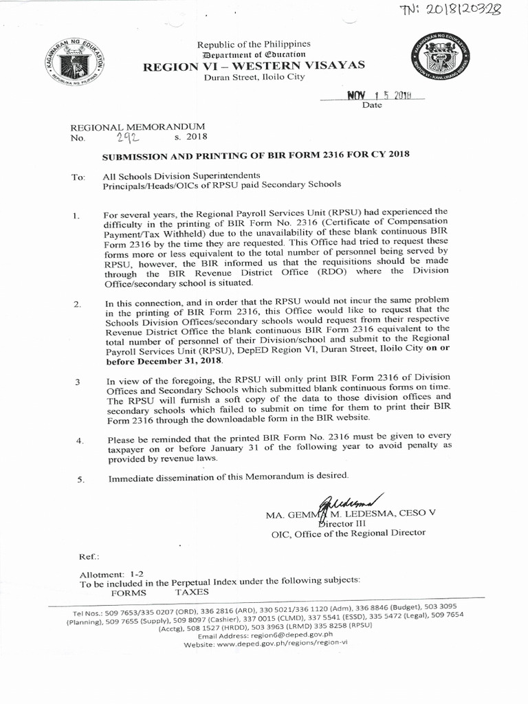 RM No. 292, s.2018 - Submission and Printing of BIR FORM 2316 For CY ...