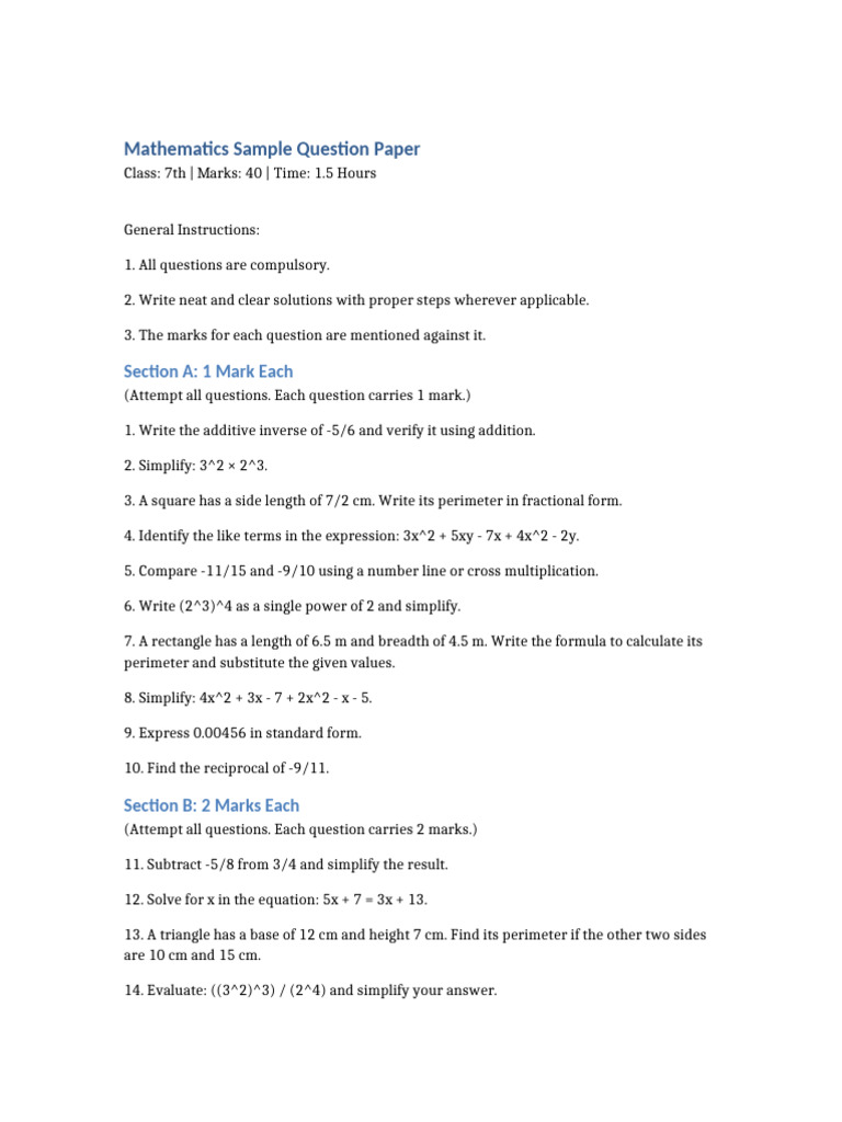 Class_7_Math_Question_Paper | PDF