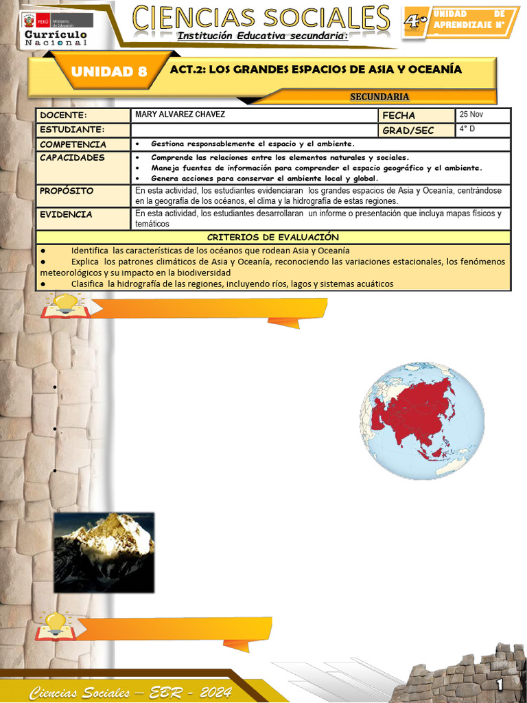 Ficha de Actividad CCSS 4° - Semana 2 | PDF | Arrecife de coral | Asia
