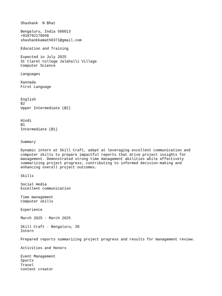 Shashank N Bhat Resume | PDF