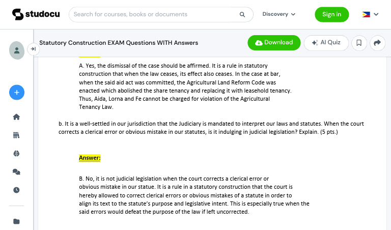 Statutory Construction EXAM Questions WITH Answers - STATUTORY ...