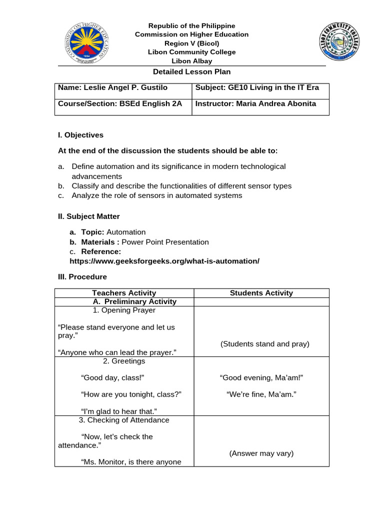 Lesson Plan on Automation and Sensors | PDF | Sensor | Equipment