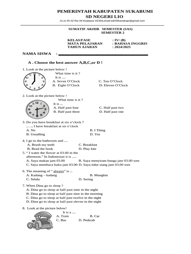 Soal Sas Bahasa Inggris Kelas IV Semester II | PDF