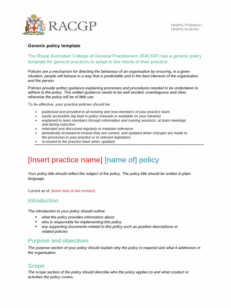 RACGP Generic Policy Template Guide | PDF | Policy | Judgment (Law)