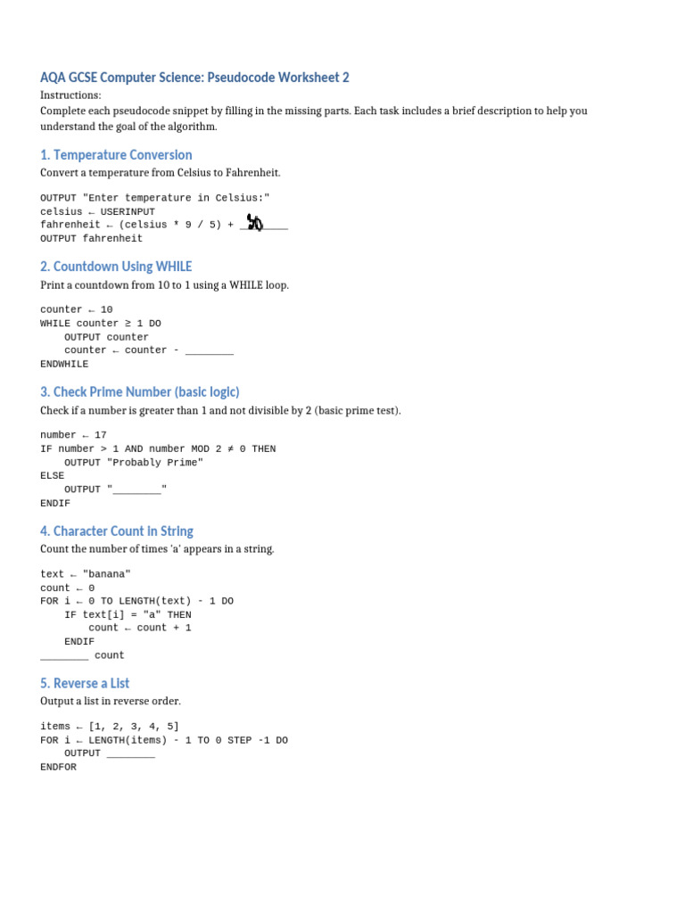 AQA_Pseudocode_Worksheet_2 | PDF