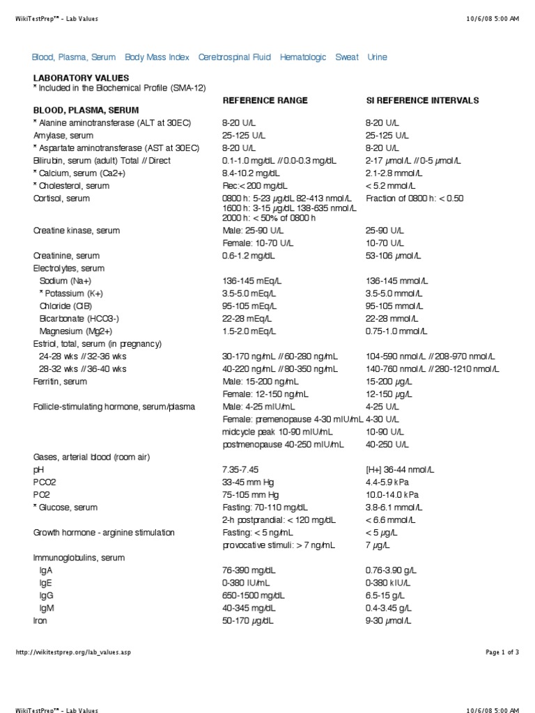Lab Values NBME | White Blood Cell | Blood Plasma | Free 30-day Trial ...