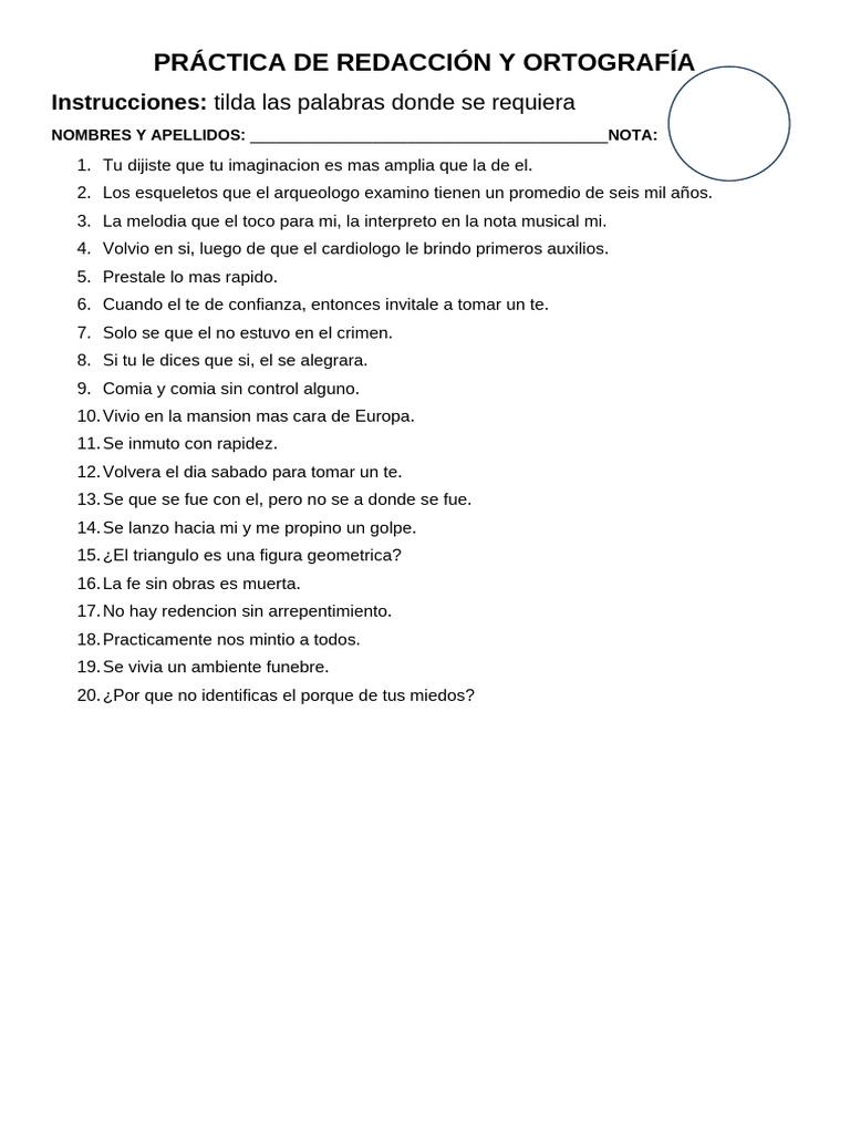 Práctica de Redacción y Ortografía | PDF