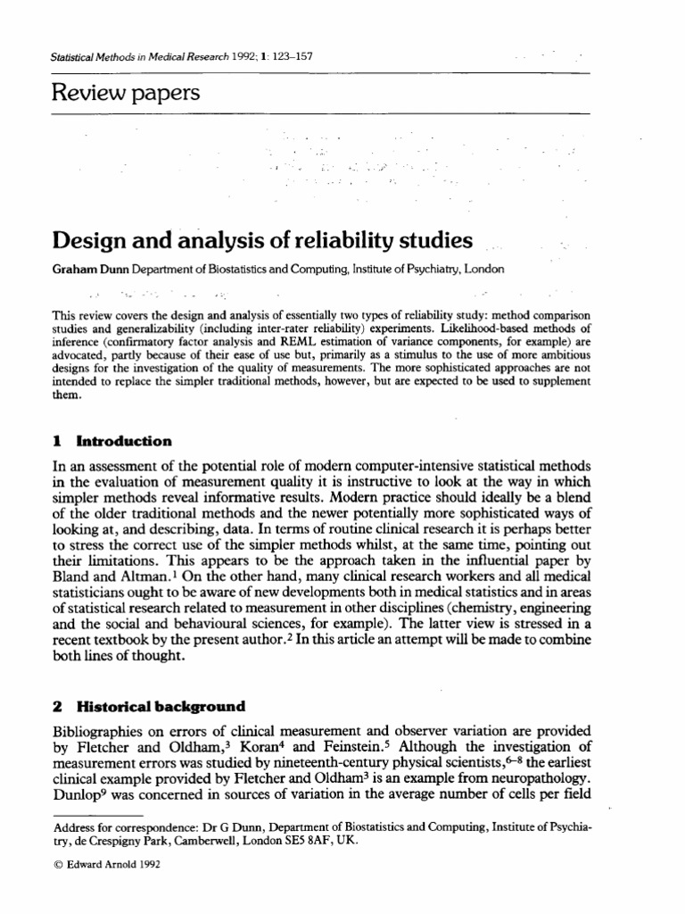 Dunn 1992 Review Papers Design and Analysis of Reliability Studies | PDF | Variance | Estimator