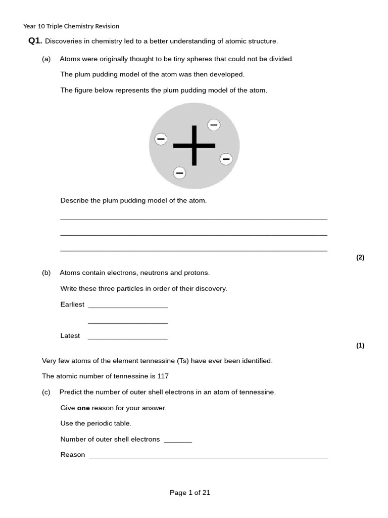 Year 10 TripleChemistryRevisionPPQ | PDF | Atoms | Chemical Elements