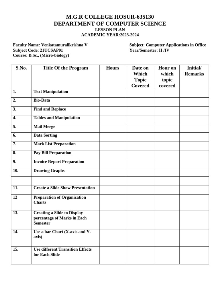 Lesson Plan Lab Office Automation | PDF