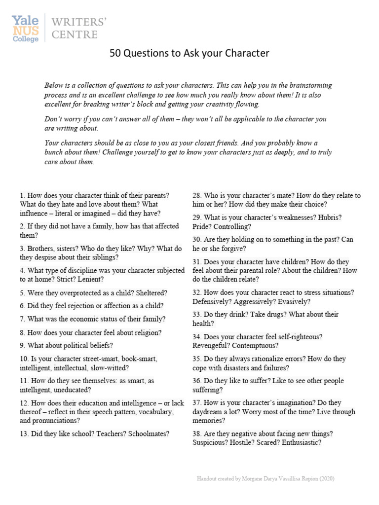 50 Questions To Ask Your Character | PDF