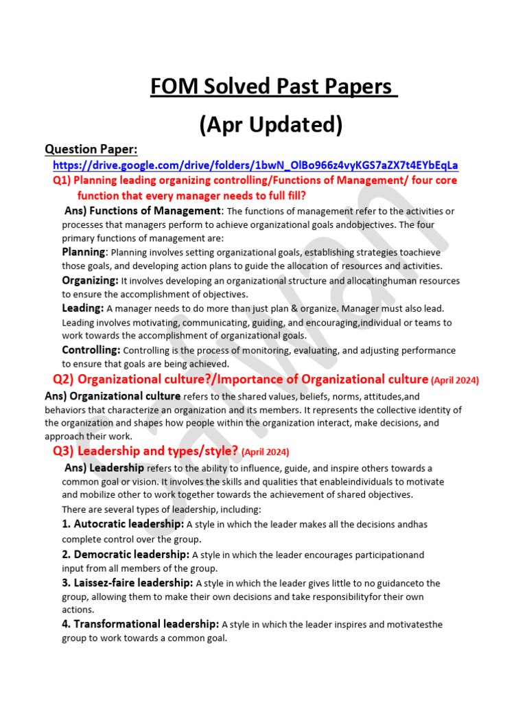 FOM SOLVED Past Papers-Apr Updated (1) | PDF | Leadership ...