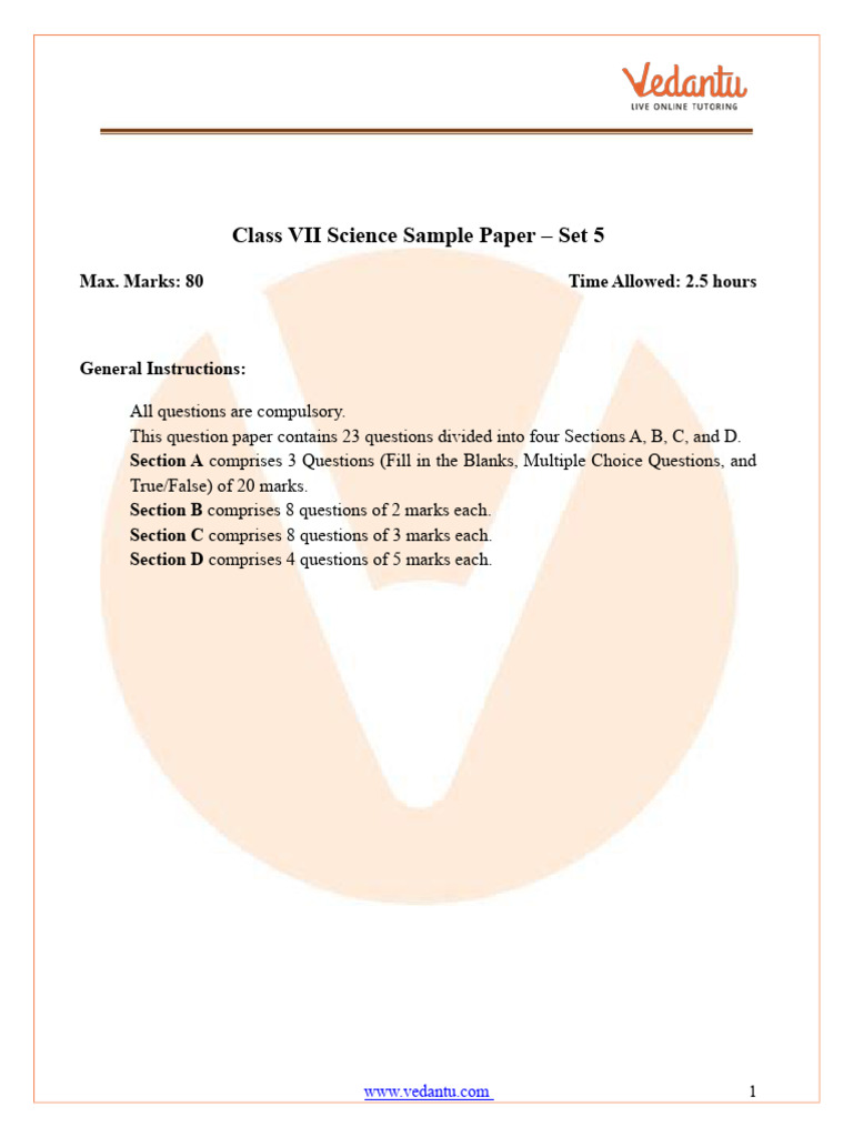CBSE Class 7 Science Sample Paper Set 5 FREE PDF Download (2024-25 ...