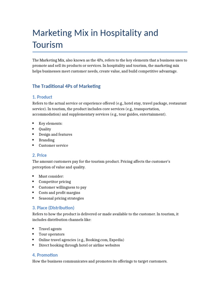 Marketing Mix in Hospitality & Tourism | PDF | Marketing | Pricing