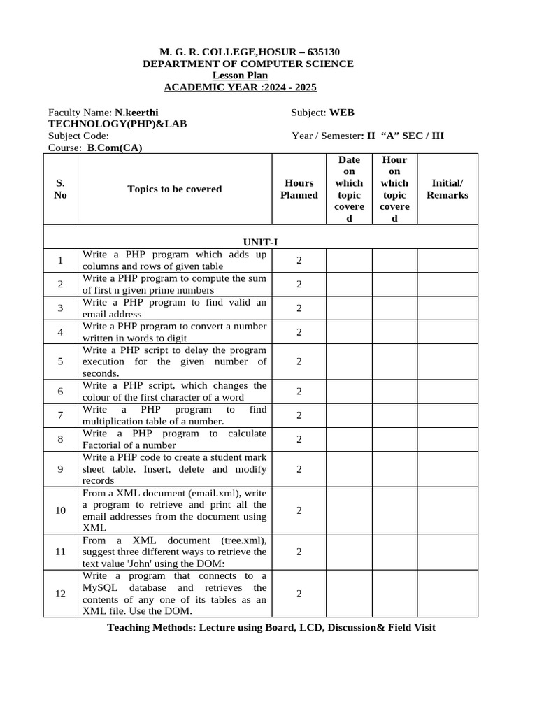 PHP LAB EXERCISE Lesson Plan 2024 | PDF | Php | Xml
