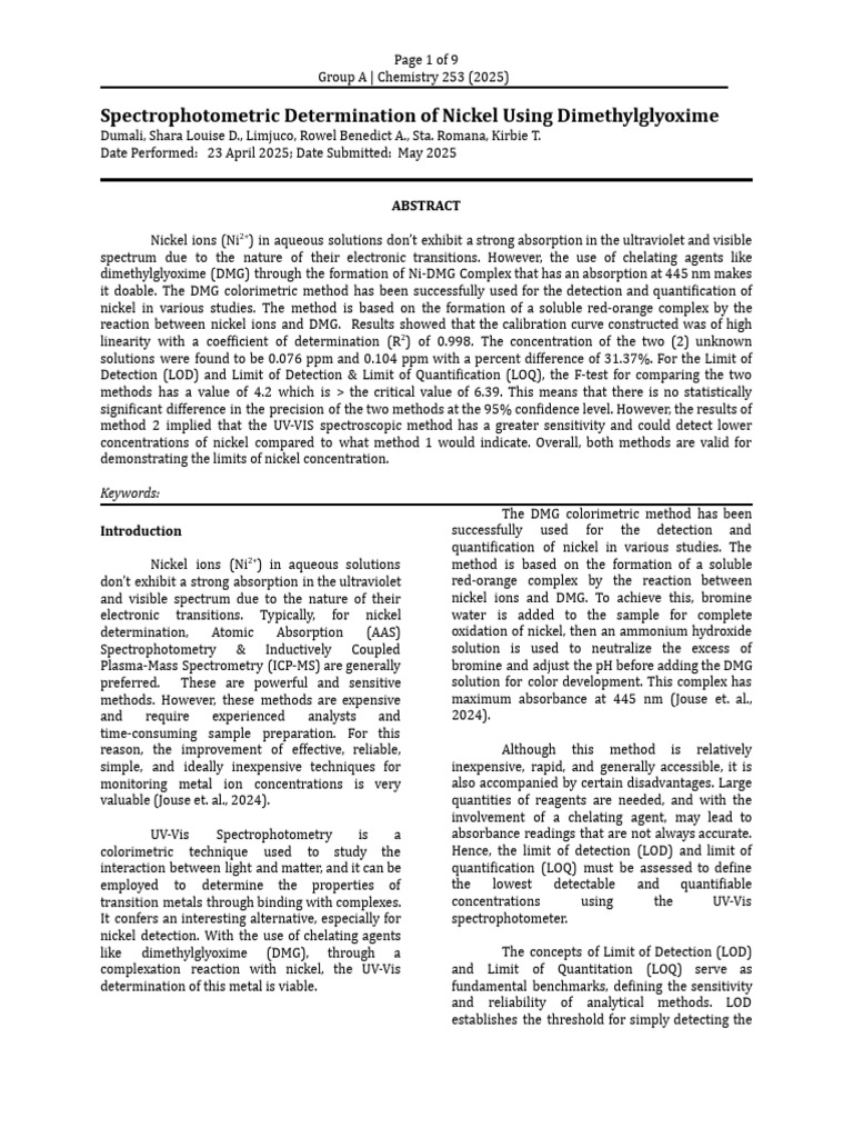 Uvvis Nickel Determination Using Dmg Pdf Detection Limit Spectrophotometry
