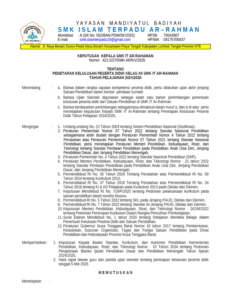 SK Penetapan Kelulusan 2024 | PDF