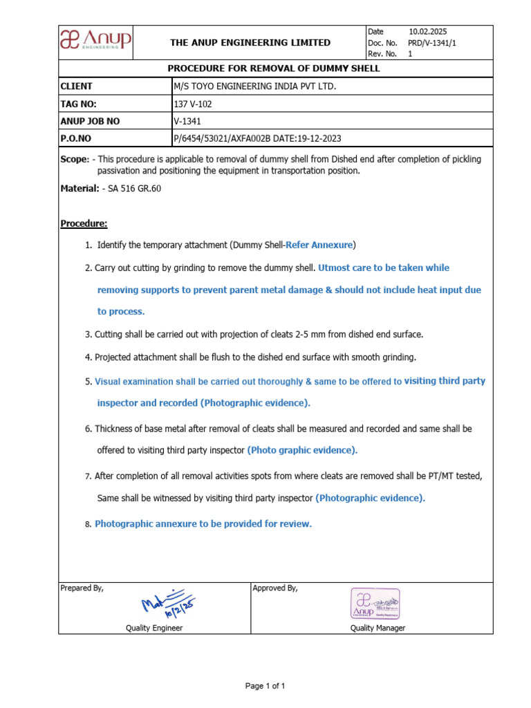V-1341 - Temporary Attachment Removal Procedure | PDF