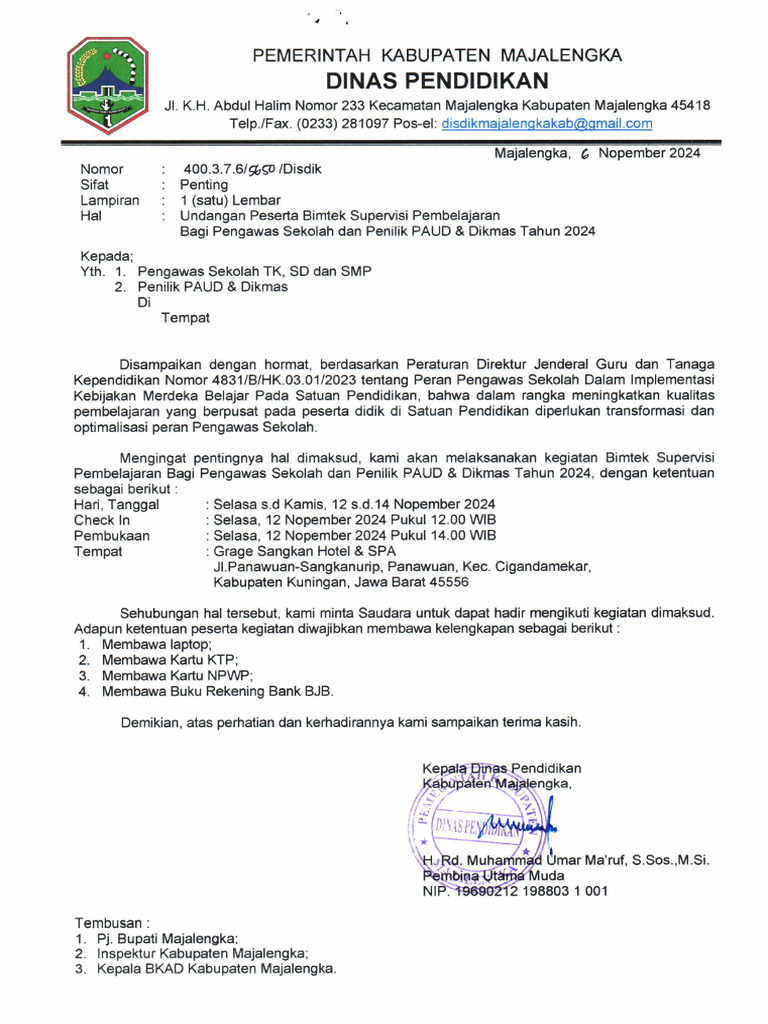 Undangan Peserta Bimtek Supervisi Pembelajaran | PDF